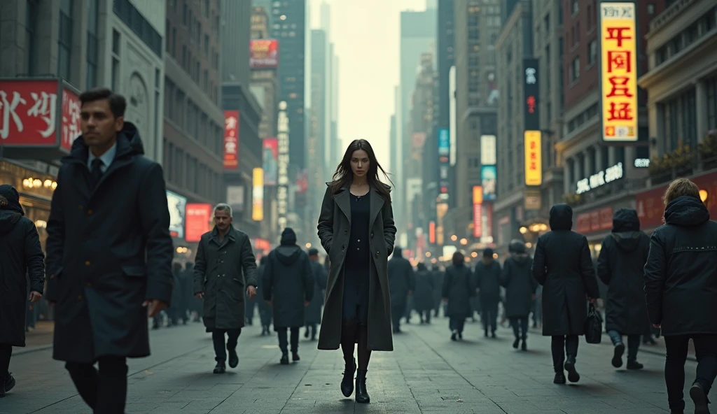 A woman walking alone in the middle of the city, surrounded by ...