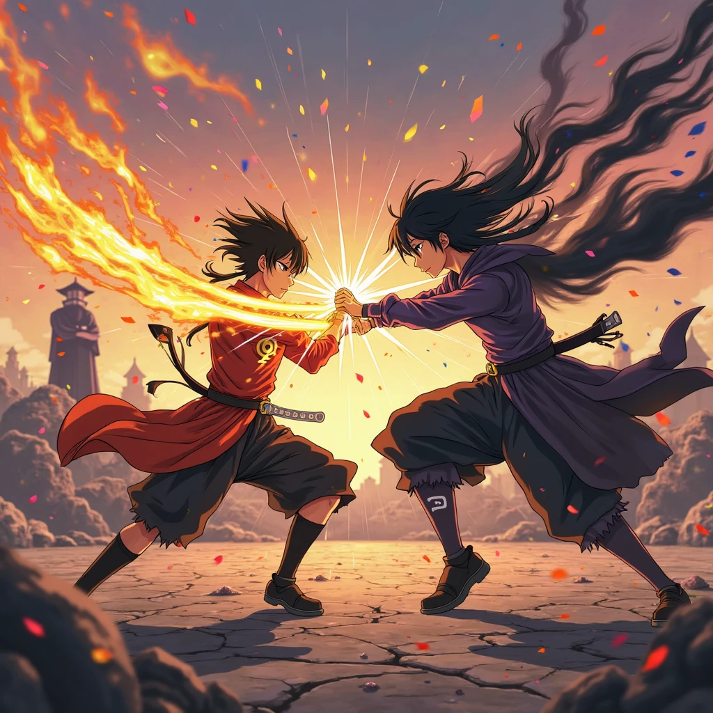 estilo anime, with a dynamic and cinematic look, showing an intense ...