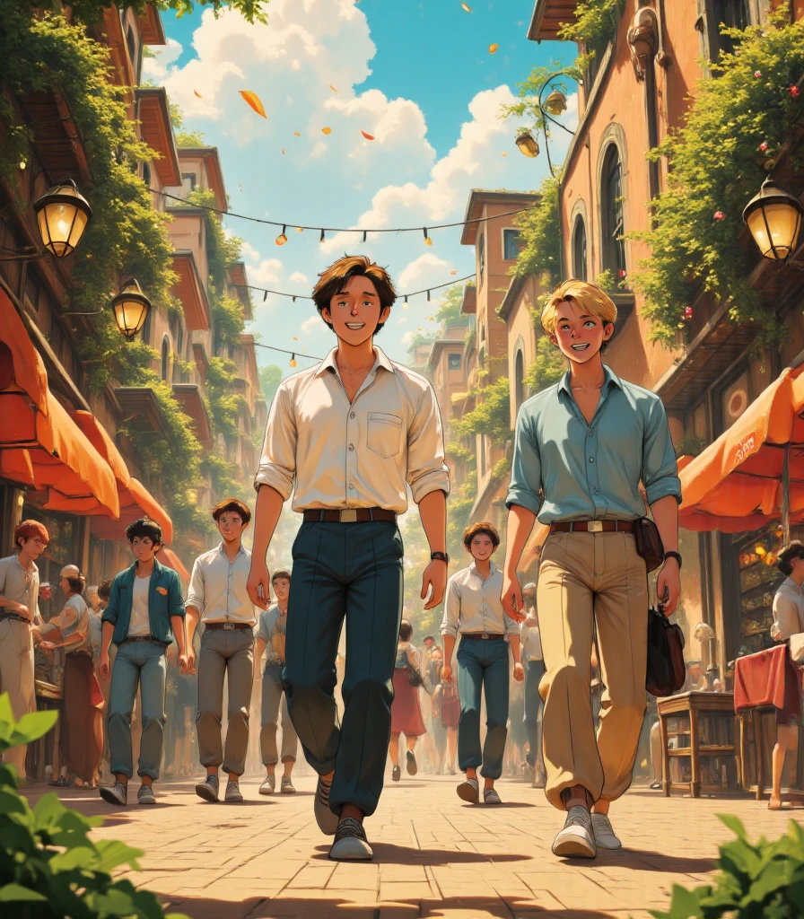 Men , walking in the street ,Cartero,happy,hermoso,dia,flores - SeaArt AI