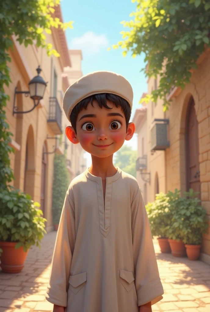 "Muslim boy with a gentle smile, standing in a peaceful street - SeaArt AI