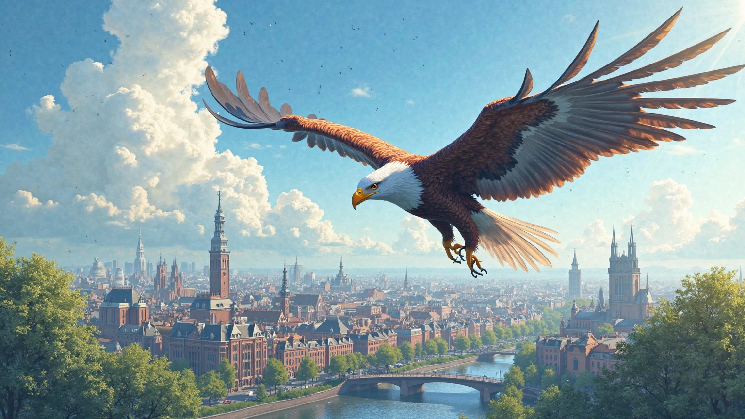 Eagle bird flies over summer Amsterdam. blue sky with clouds - SeaArt AI