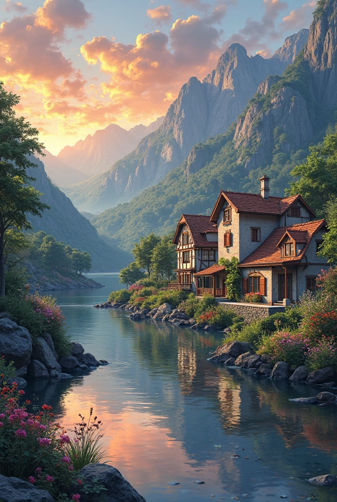 A small village by the river, montanhas ao fundo, flores coloridas ...