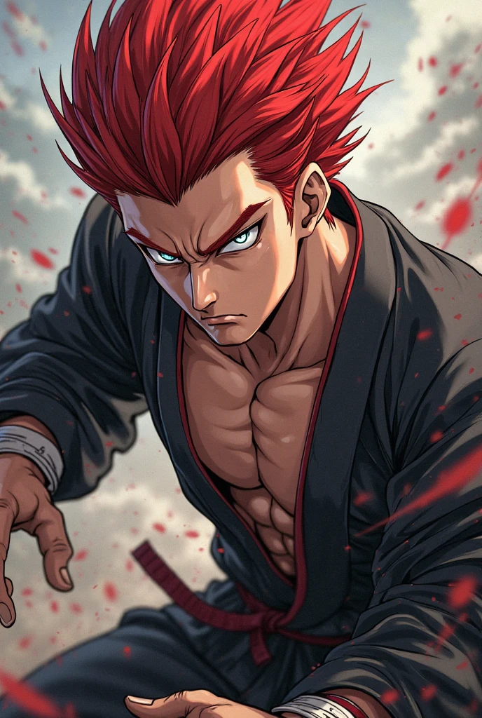 Action anime-style male character, fair skin with a soft texture ...