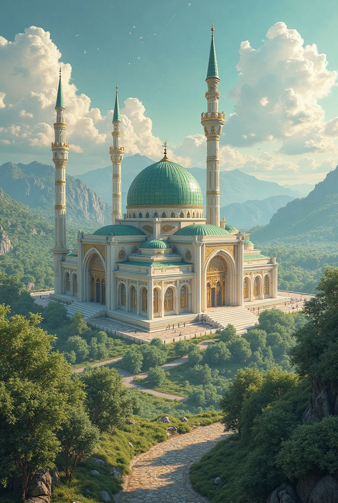 Draw a realistic three-dimensional landscape painting with a large ...