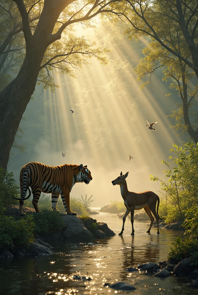A cinematic forest scene at sunrise. A tiger slowly approaches a deer ...