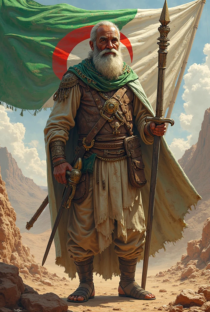 Create an image for a legendary Algerian warrior with an Algerian flag ...