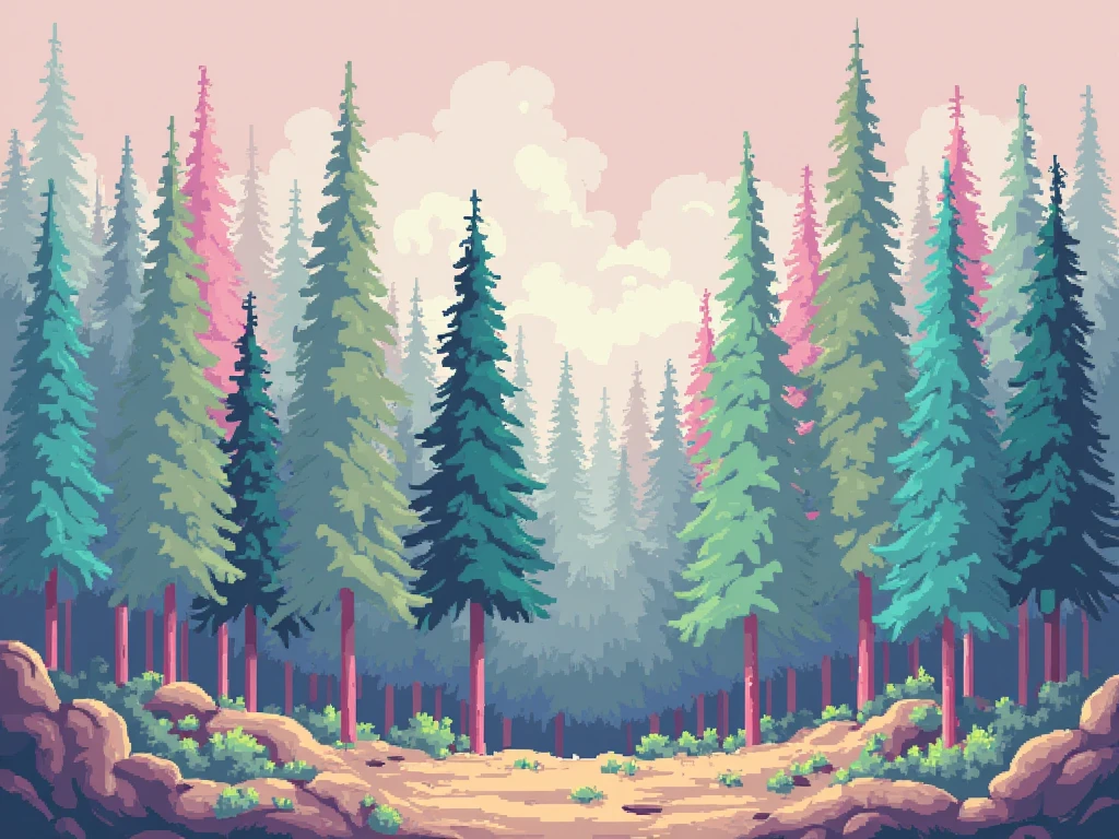 Forest with many pastel-colored pine trees made in pixel art seen ...