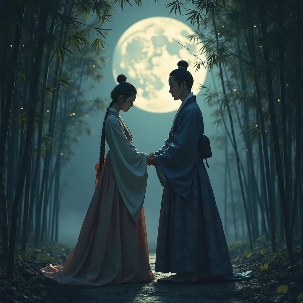 Joseon Dynasty nobleman man and woman in traditional hanbok, standing ...