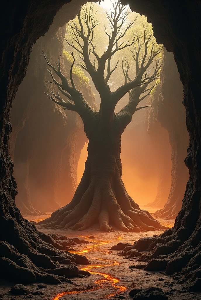 A cinematic, realistic photograph of a massive underground chamber ...
