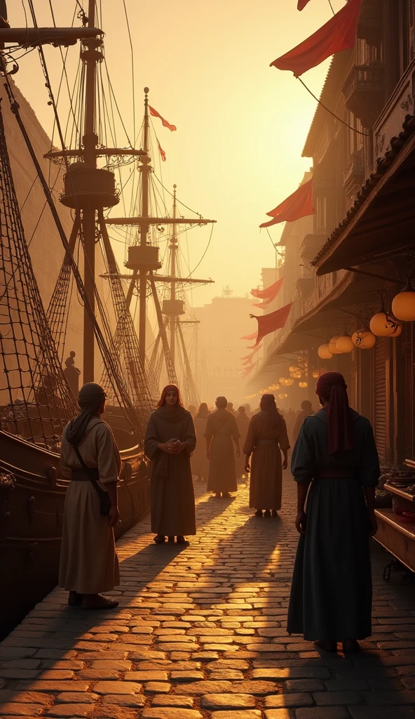 "A cinematic and highly realistic historical port scene from the golden ...