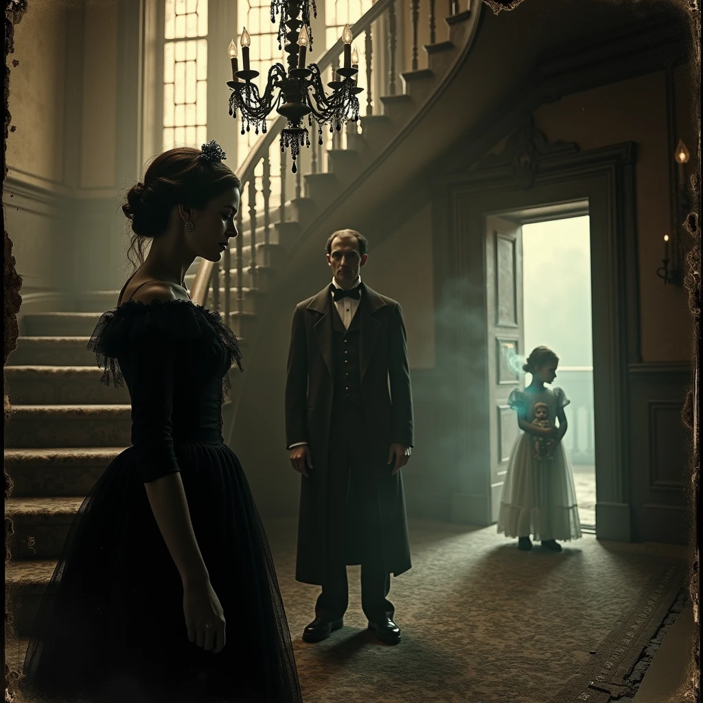 A haunting, hyper-detailed sepia-toned photograph of three ethereal ...