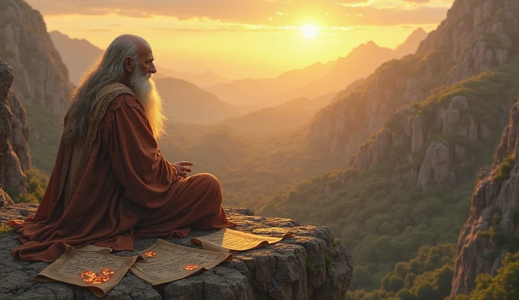 "An old sage sitting cross-legged at the edge of a cliff, watching the ...
