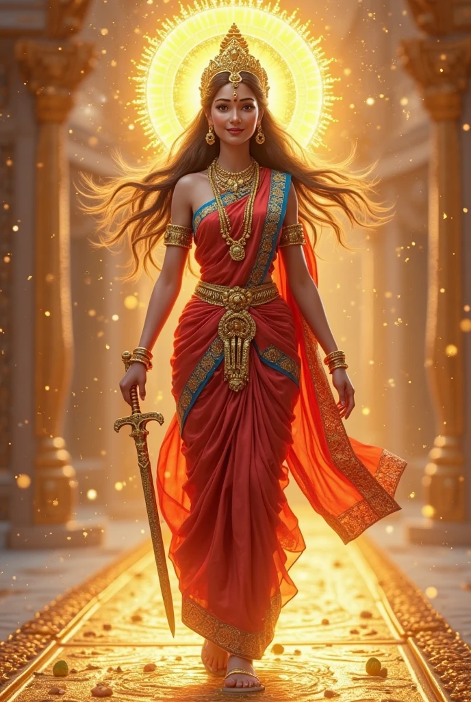 A divine Hindu goddess with a warm smile, walking gracefully on a ...