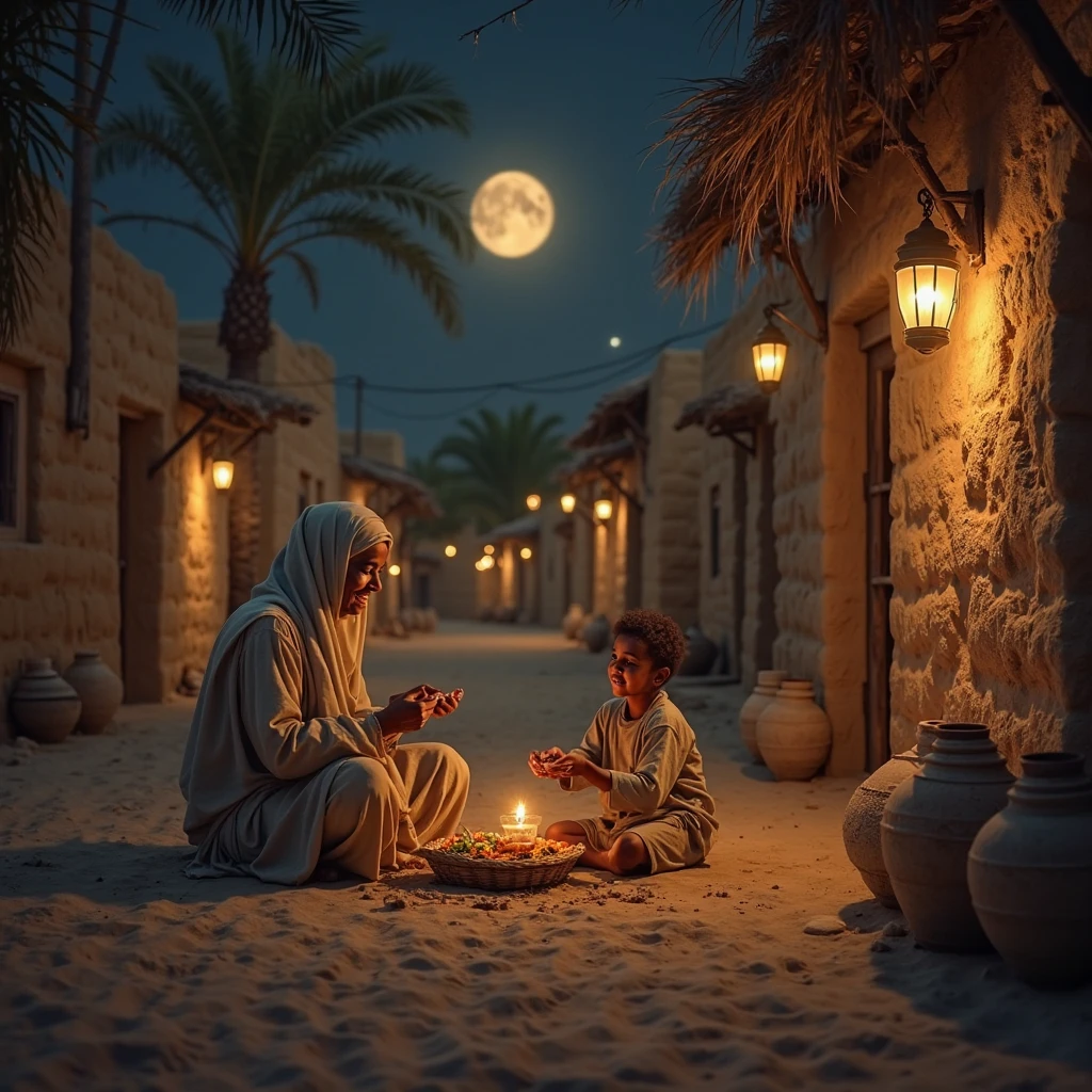 A serene nighttime scene in ancient Madinah 1500 years ago. A loving ...