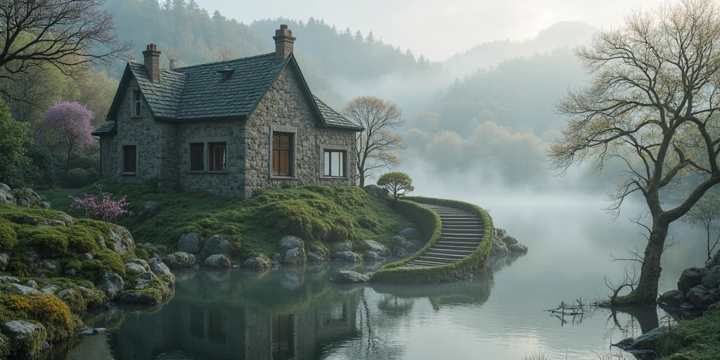 A large stone house covered with moss with a circular staircase covered ...