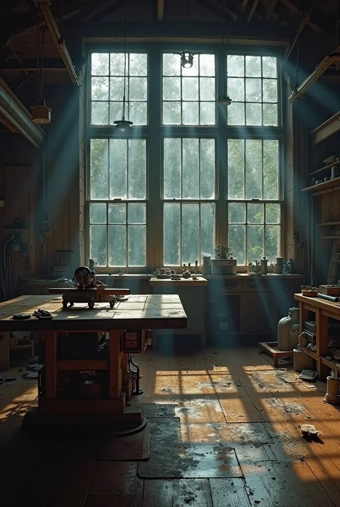 A realistic, cinematic wide shot of a carpenter’s workshop. Large high ...