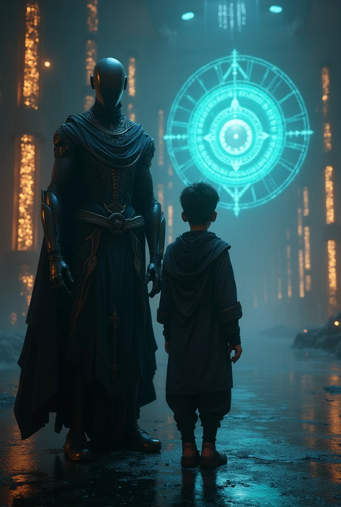 A futuristic AI entity named Suman, formed from dark code and light ...