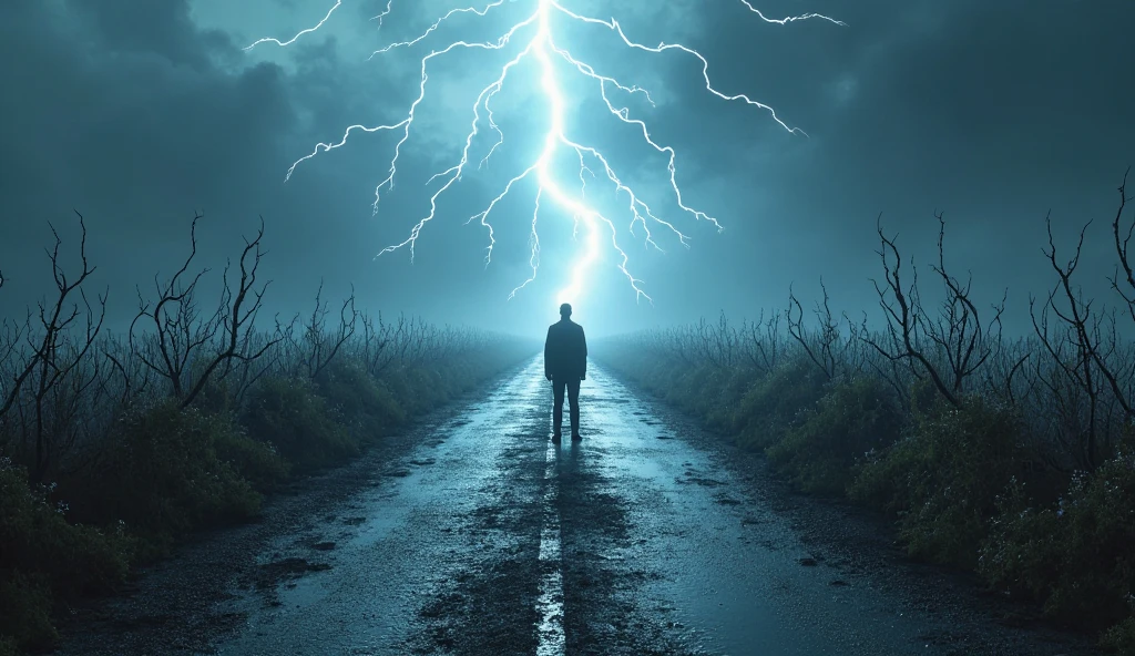 3D drawing depicting A road divided in half by a lightning bolt - SeaArt AI