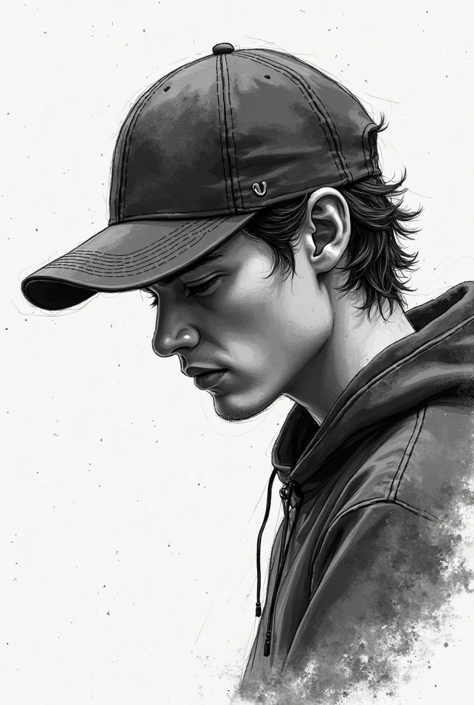 A simple sketch of a gamer with a black cap facing the camera and ...