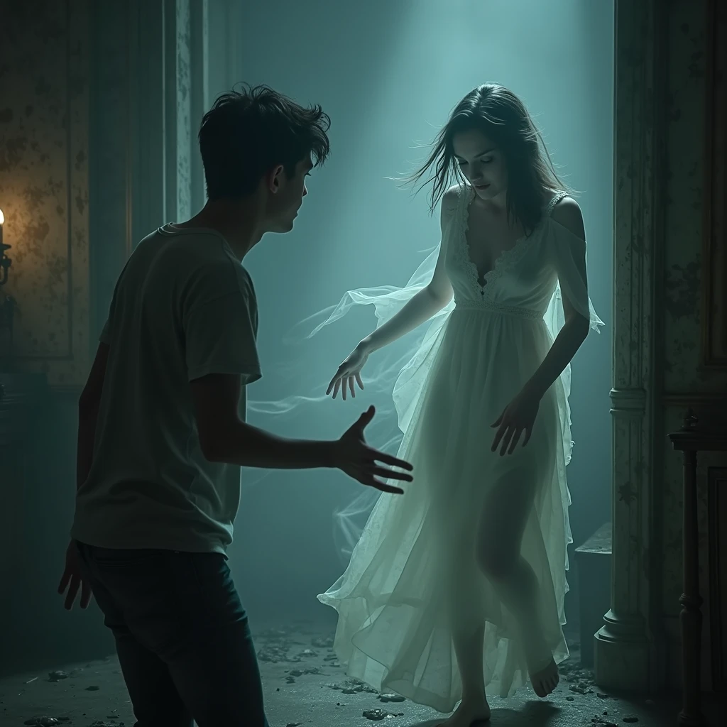 A young lady ghost attack a young man - SeaArt AI