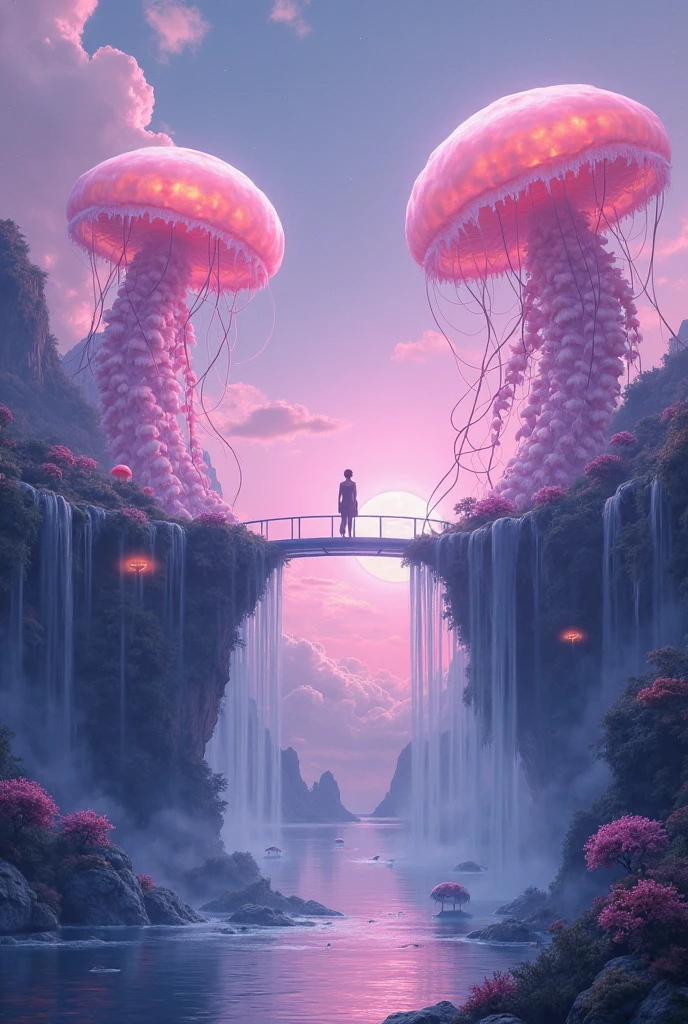 Surreal dreamscape, floating islands with upside-down waterfalls ...