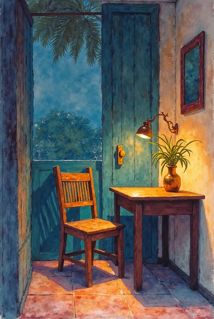 A colorful watercolor impressionist painting of a table with one chair ...