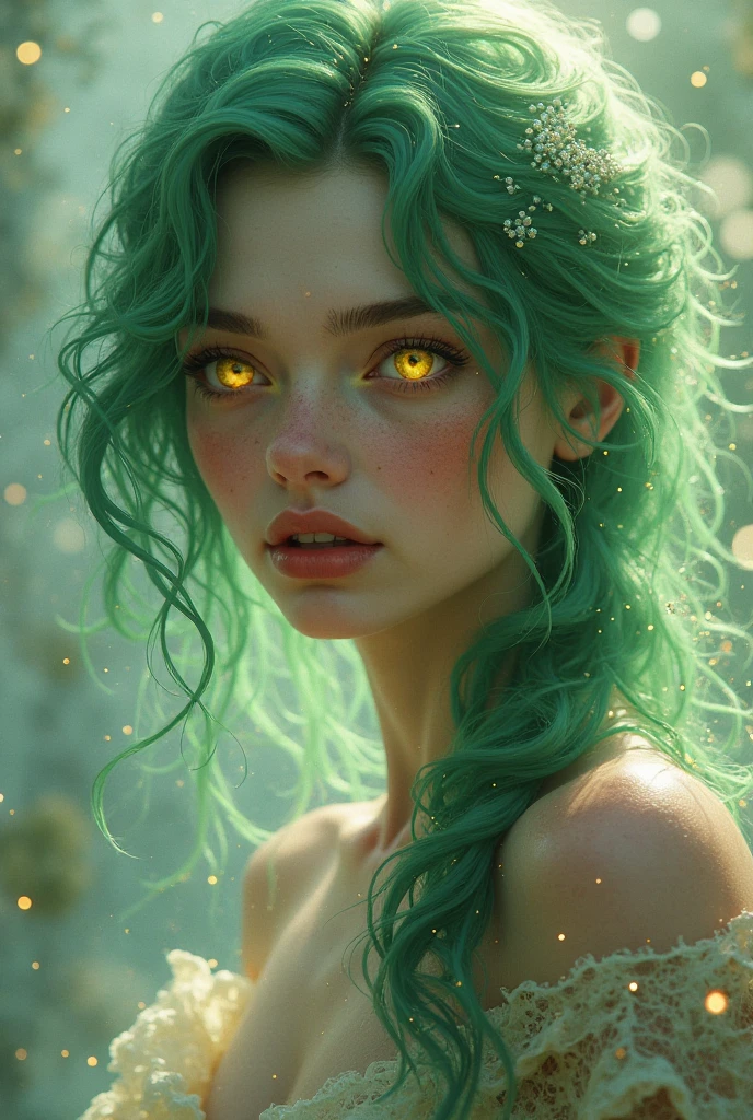 Girl with green hair and yellow eyes - SeaArt AI