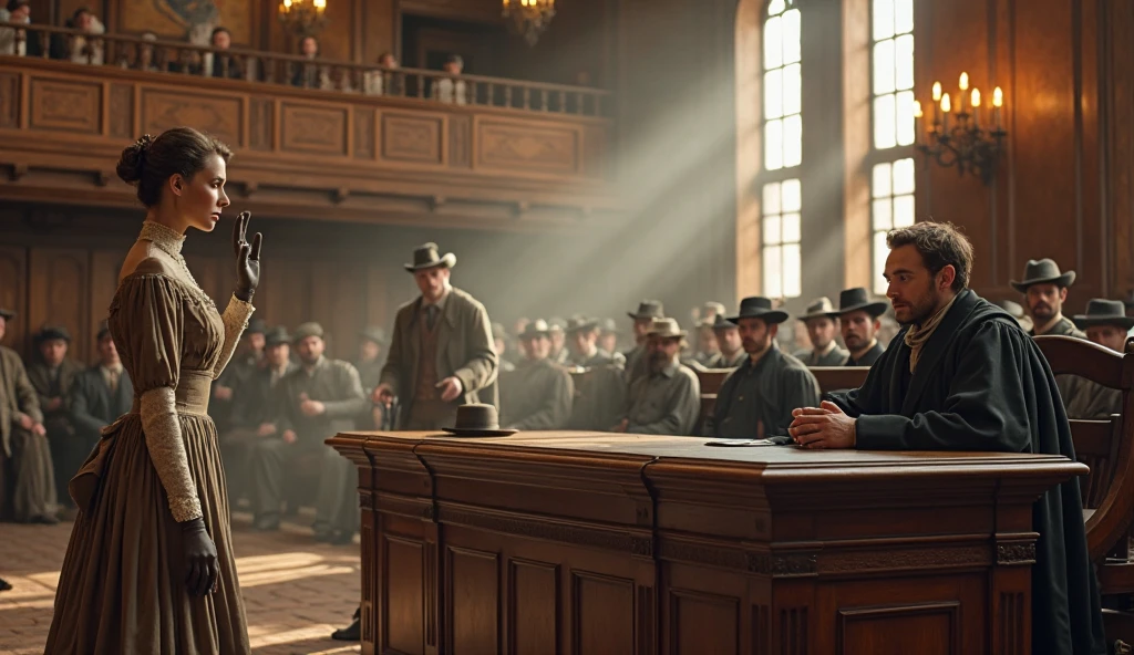 Hyperrealistic formal courtroom scene set in 1887, styled like a ...