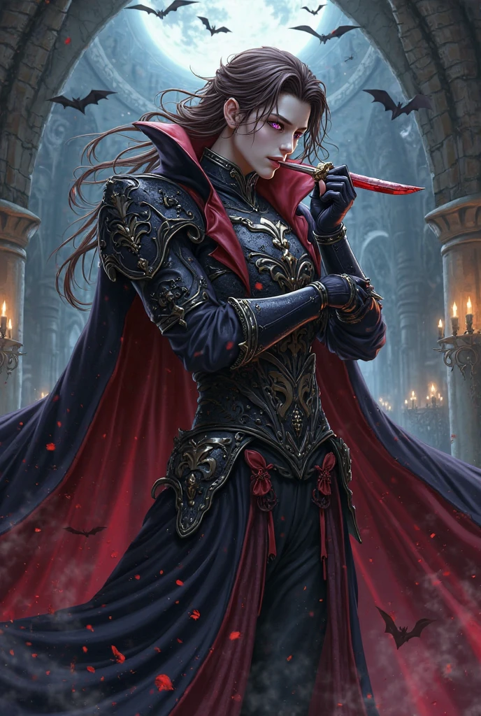 Create a vampire with brown hair, slightly shiny purple pupils - SeaArt AI