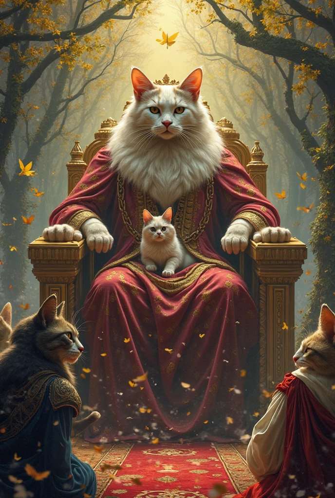 "Majestic cats ruling a fantasy kingdom, cat emperors on golden thrones ...
