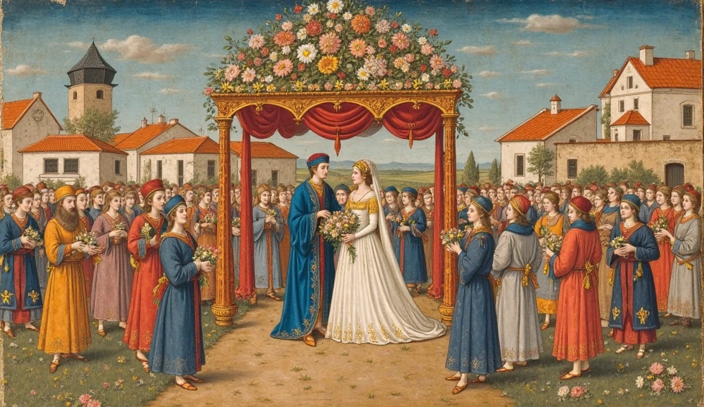 "A royal wedding procession winds through a provincial village - SeaArt AI