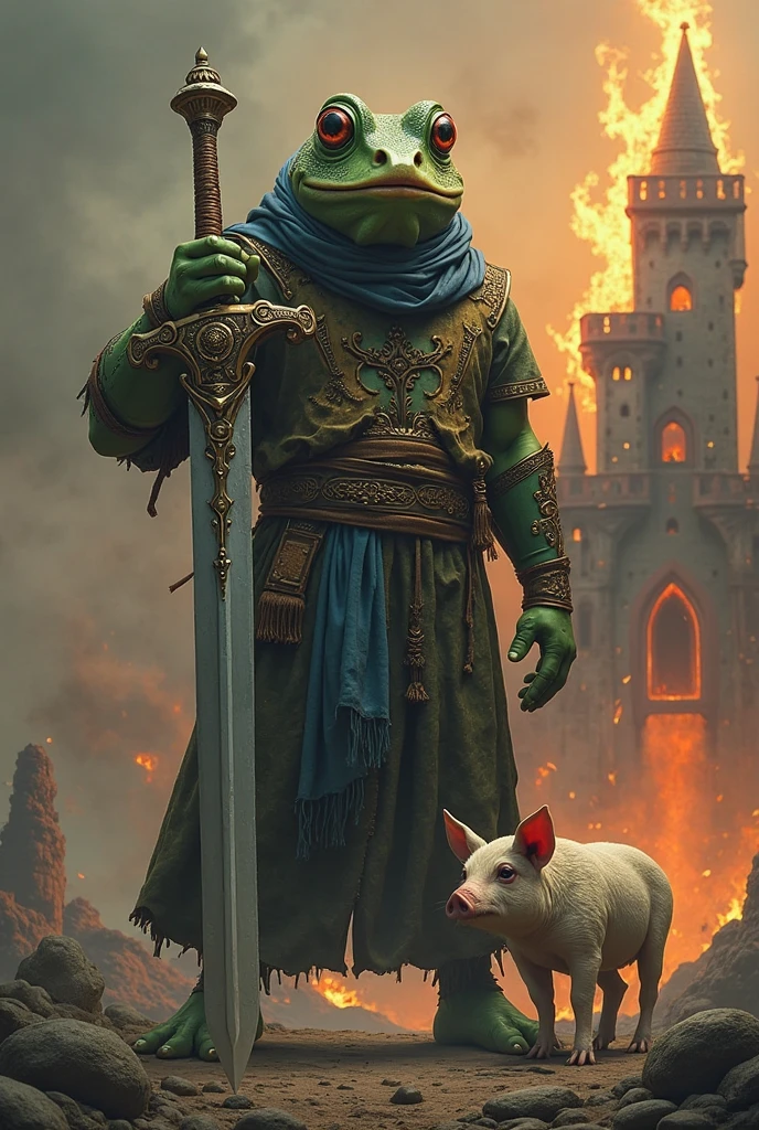 Make a Muslim frog man 2 meters tall, with a big two-handed sword ...