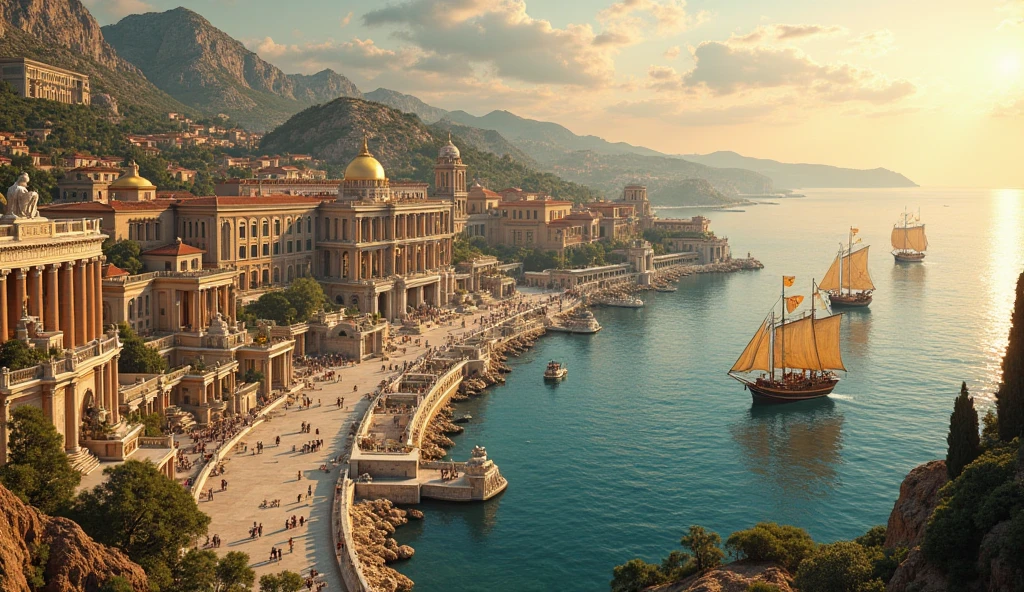 Majestic panoramic view of an ancient Roman coastal city at its golden ...