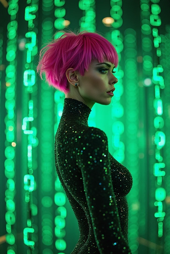 Neon green swirling binary digits flowing in front of woman hypersexy body - SeaArt AI