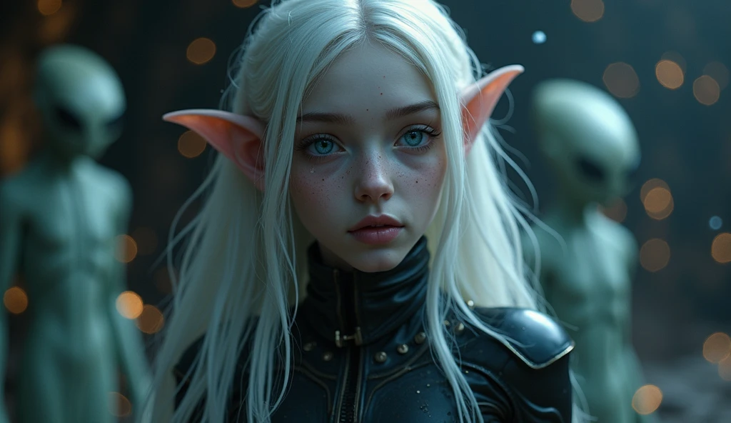 A cinematic and dramatic scene featuring a young beautiful alien woman ...