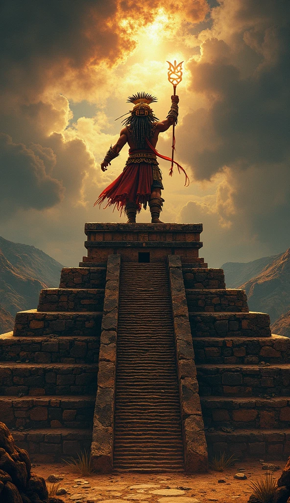 An Aztec priest invokes the gods from the top of his pyramid - SeaArt AI