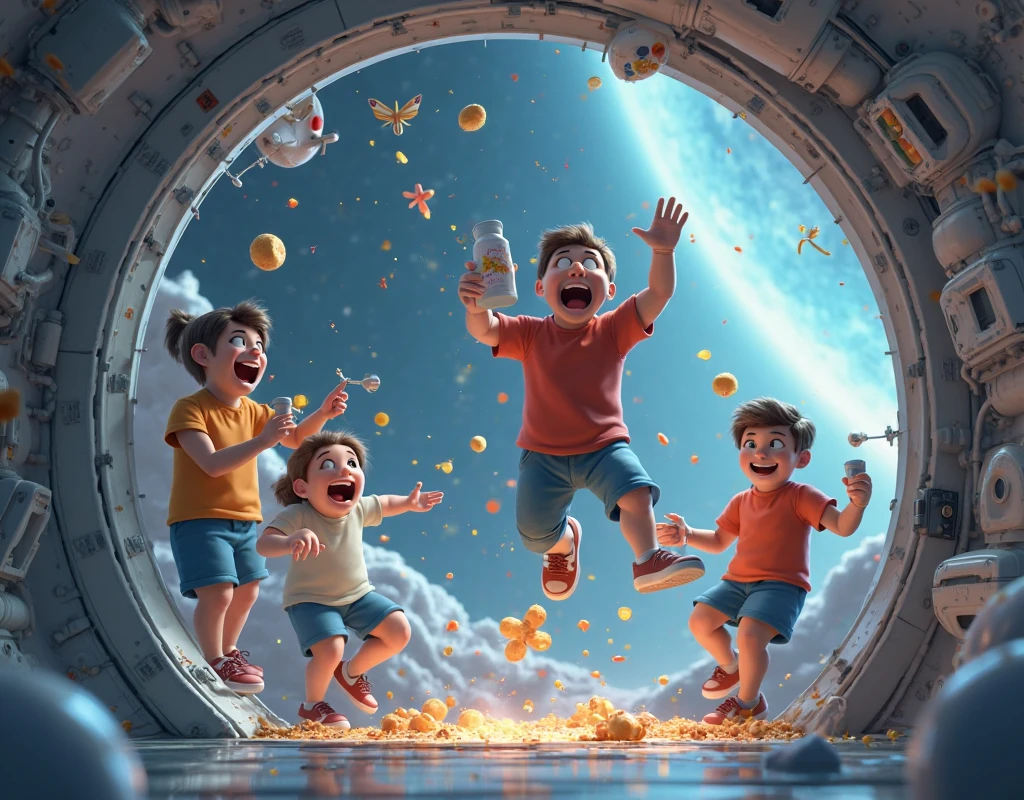 3D animation, theme is "Space Station". In the zero gravity environment ...