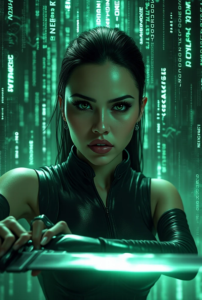 Woman in matrix with sword in hand - SeaArt AI