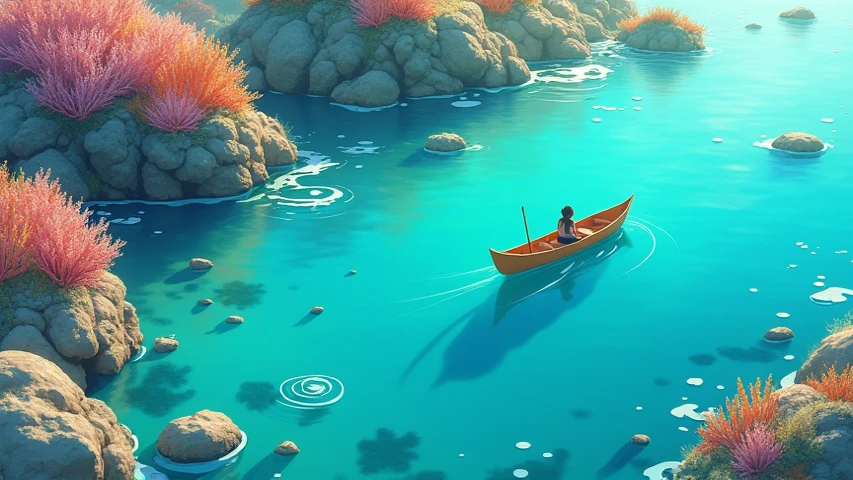 A bird’s-eye view of a canoe gliding through turquoise shallows near a ...
