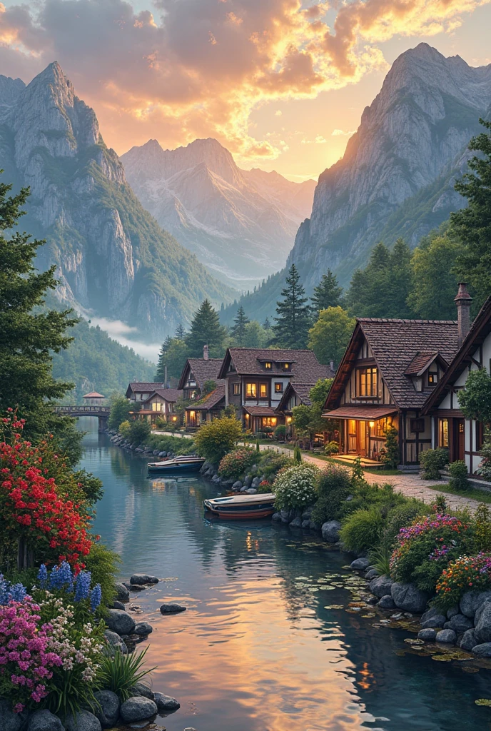 Small village by the river, mountains behind, colorful flowers - SeaArt AI