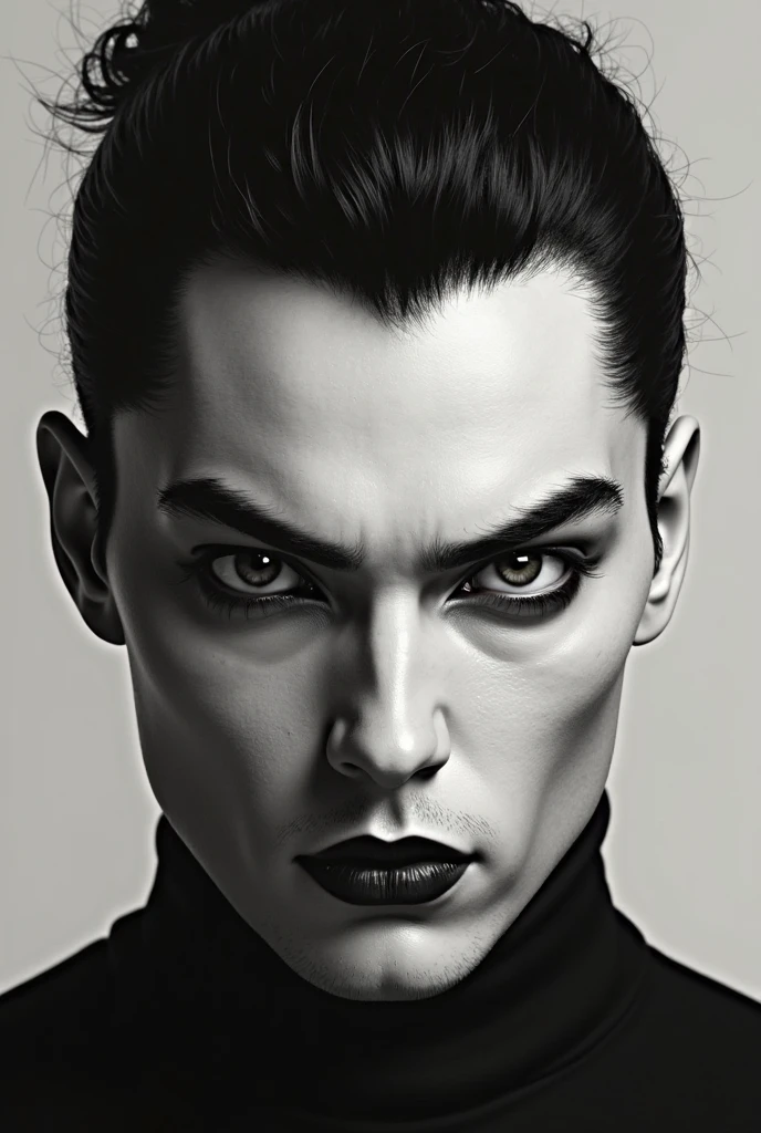 Make me any character, in white and black, sharp facial features ...