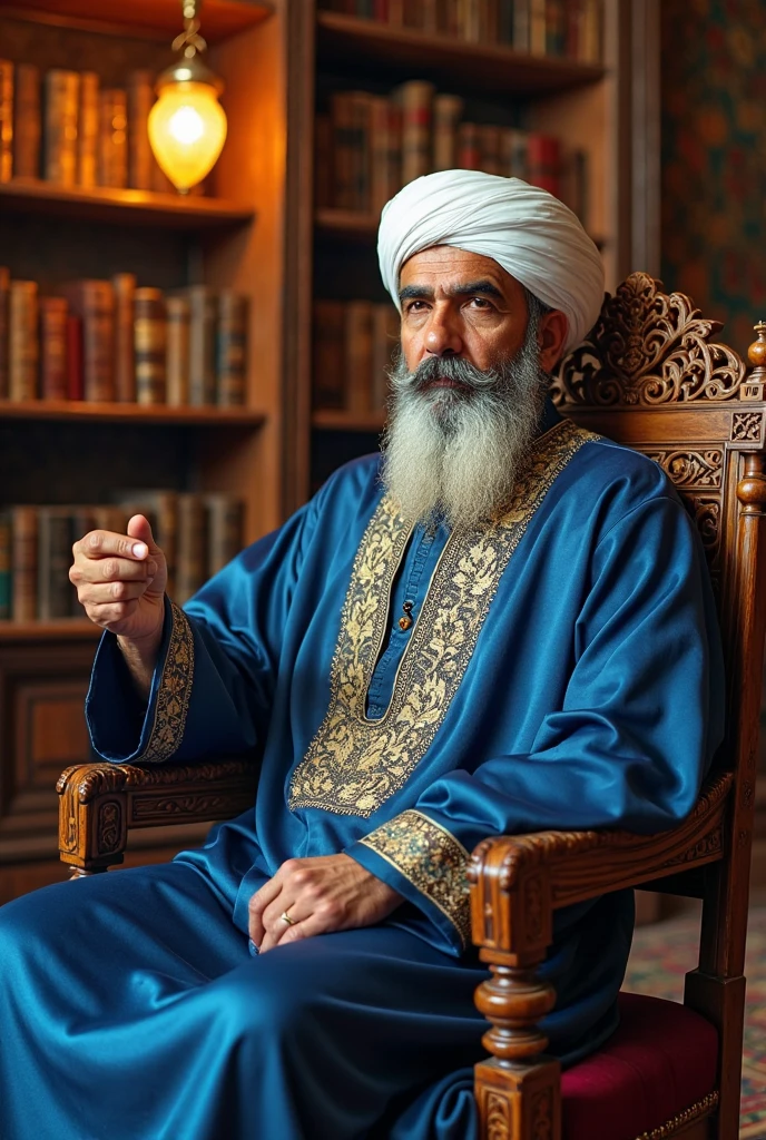 , a portrait of a traditional Arab storyteller, a half-shot, Baqar ...