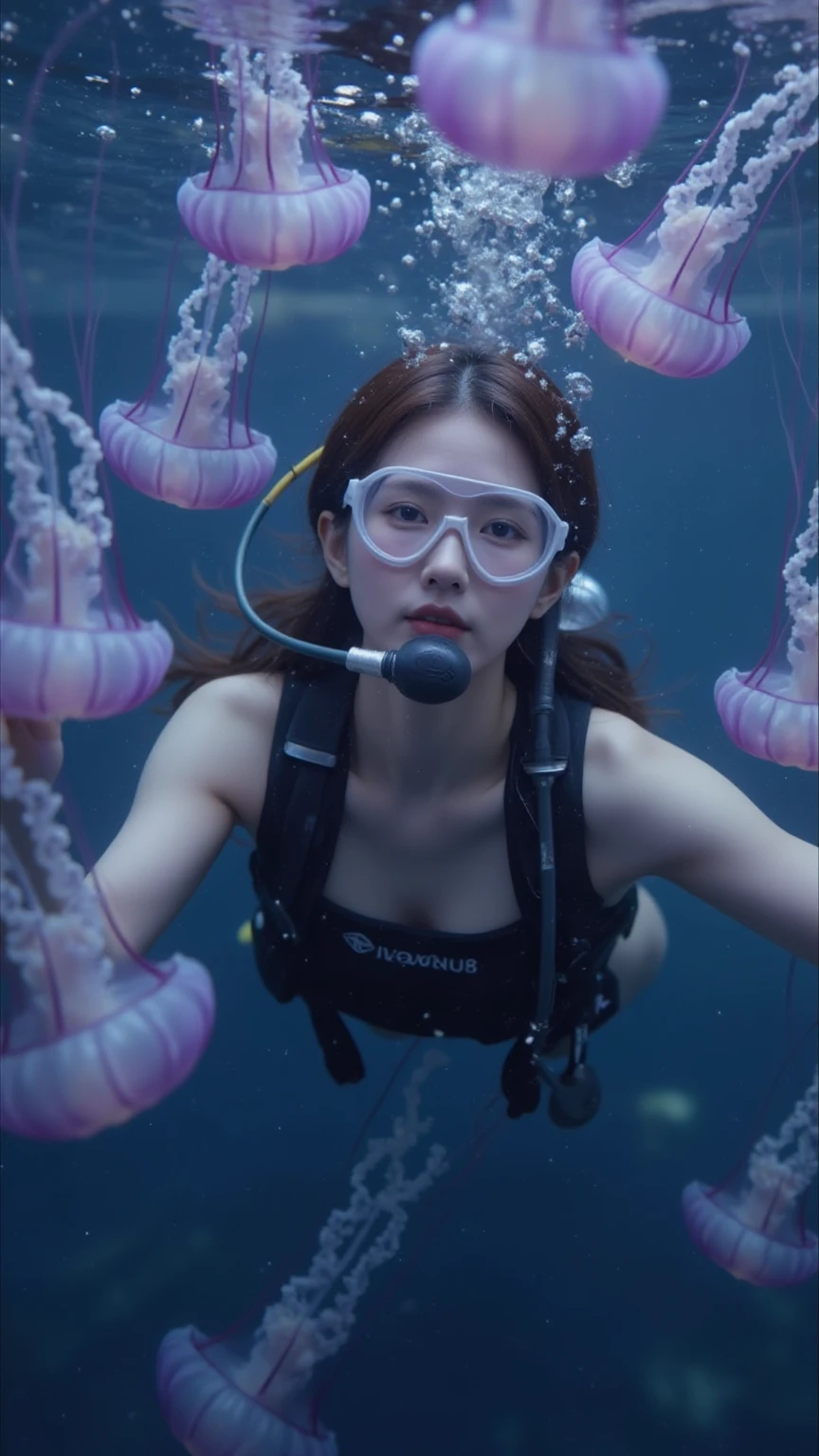 High definition 8K masterpiece, Beautiful scuba diving woman swimming ...