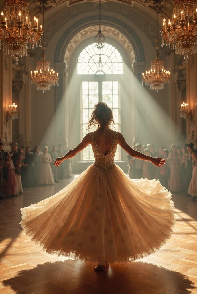 A woman dancing in a dress at a ball room in 3 point perspective ...