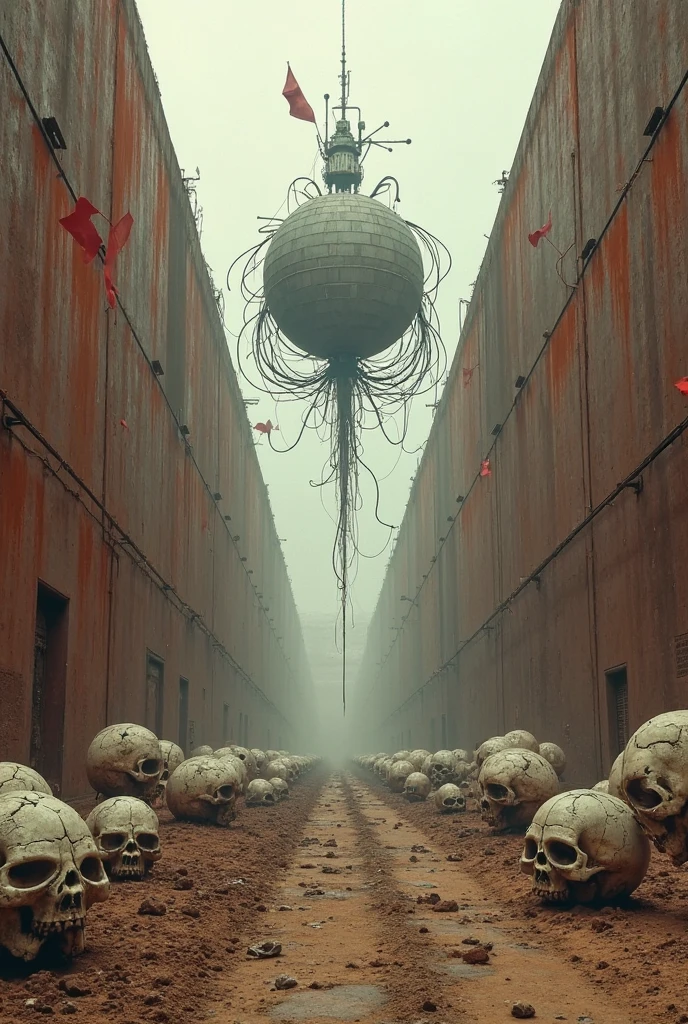 Surreal post-apocalyptic corridor, monumental rusted walls converging ...