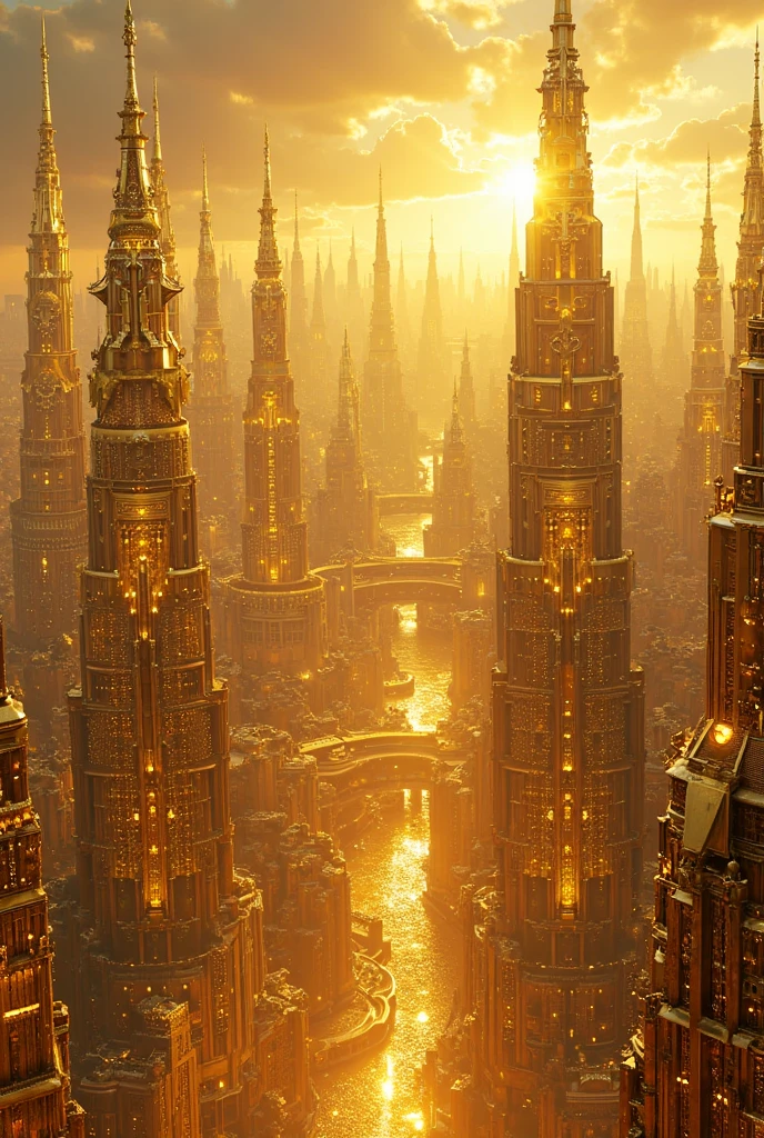 Golden city, tall buildings made of gold, gold light, - SeaArt AI