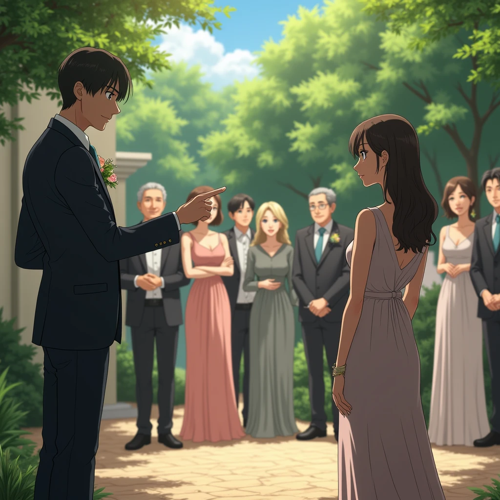 Full HD anime, elegant outdoor daytime engagement party. A dignified ...