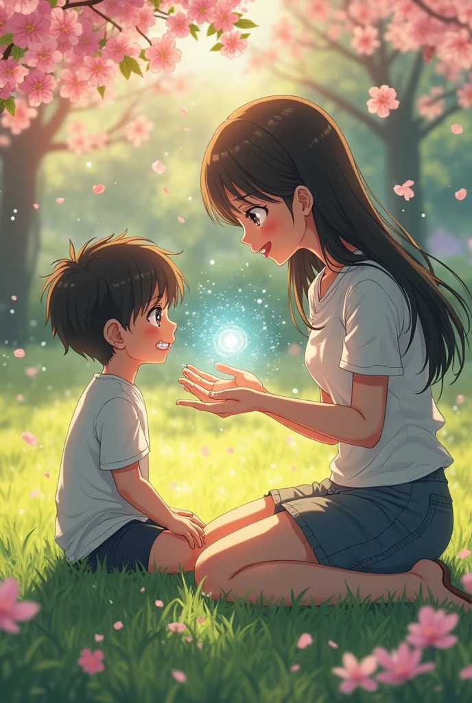 Anime style healing scene, teenage girl kneeling next to crying little ...