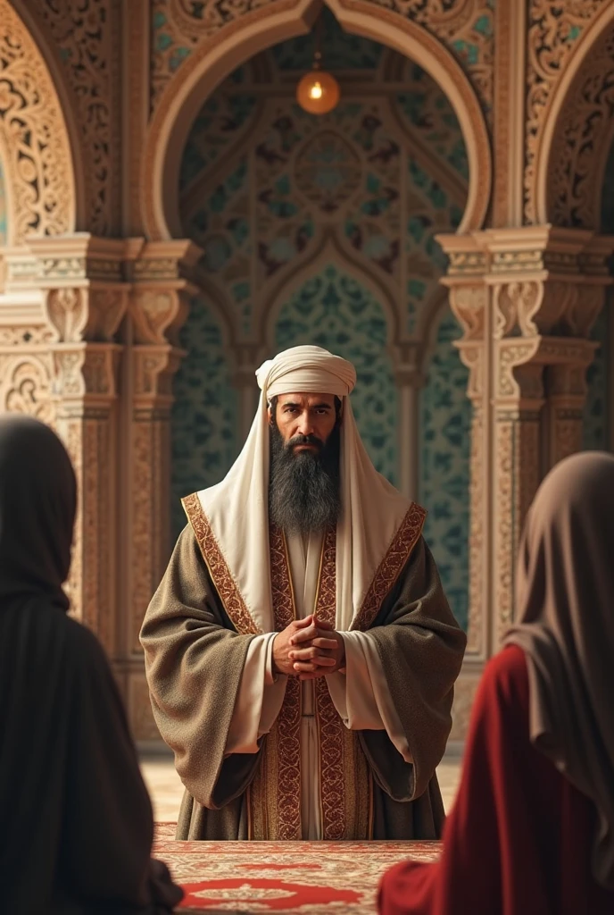 Create a 3D Image of caliph Hazrat Umar with two women who solve dispute of thes - SeaArt AI