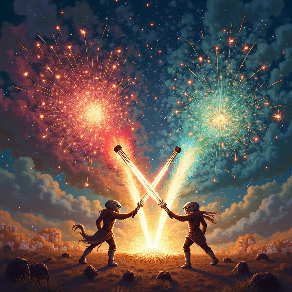 Night sky battlefield filled with anthropomorphic fireworks clashing ...